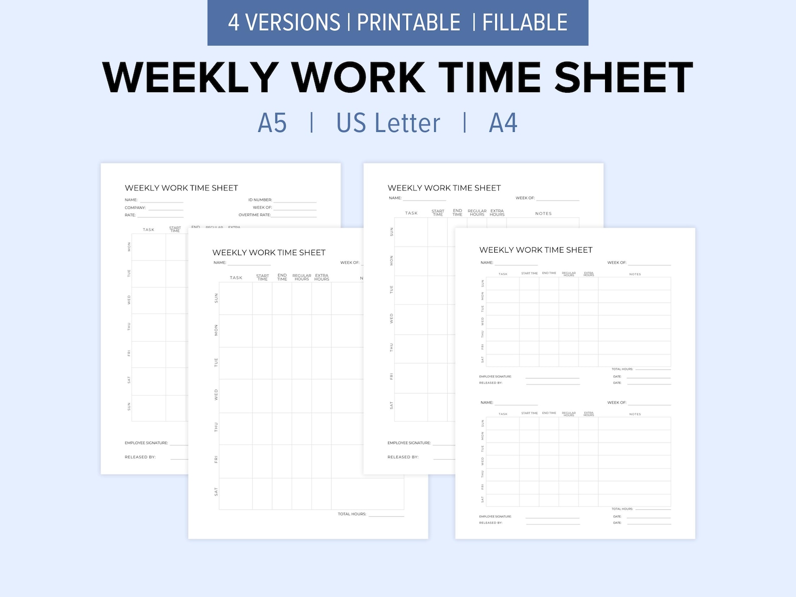 Weekly Work Time Sheet Printable | A5, US Letter, A4 | Fillable ...