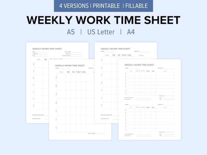 Weekly Work Time Sheet Printable | A5, US Letter, A4 | Fillable ...