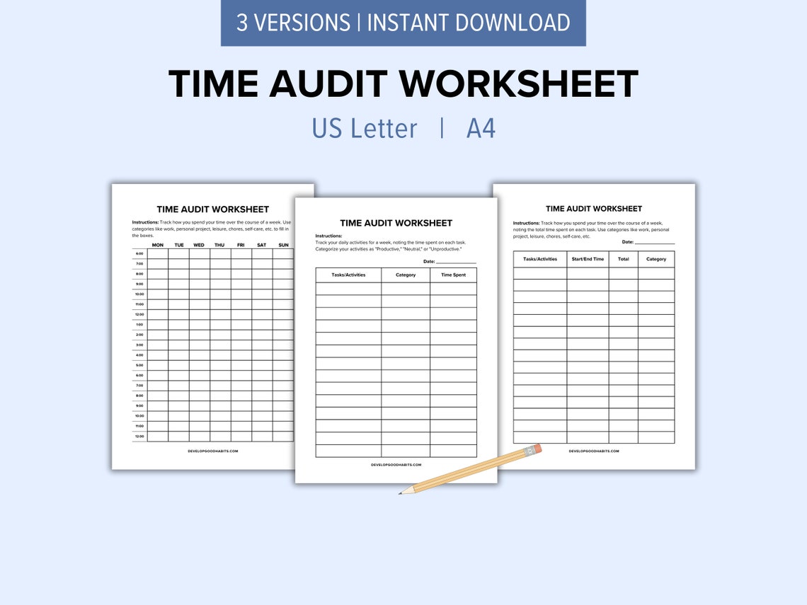 Time Audit Printable Worksheets | Hourly Time Tracker | Time Management ...