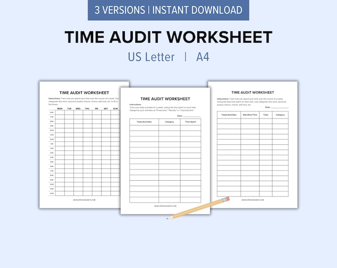 Time Audit Printable Worksheets | Hourly Time Tracker | Time Management ...
