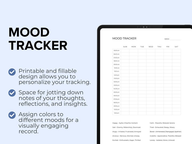Hourly Mood Tracker Printable | Weekly Mood Tracker | A5, US Letter, A4 ...