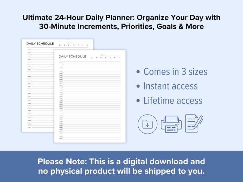 24 Hour Daily Planner With 30 Minute Increments Printable | A5, US ...