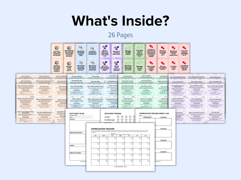 26 Date Night Ideas and Kits Printable Worksheets | Couple Activity Cards and Conversation ...