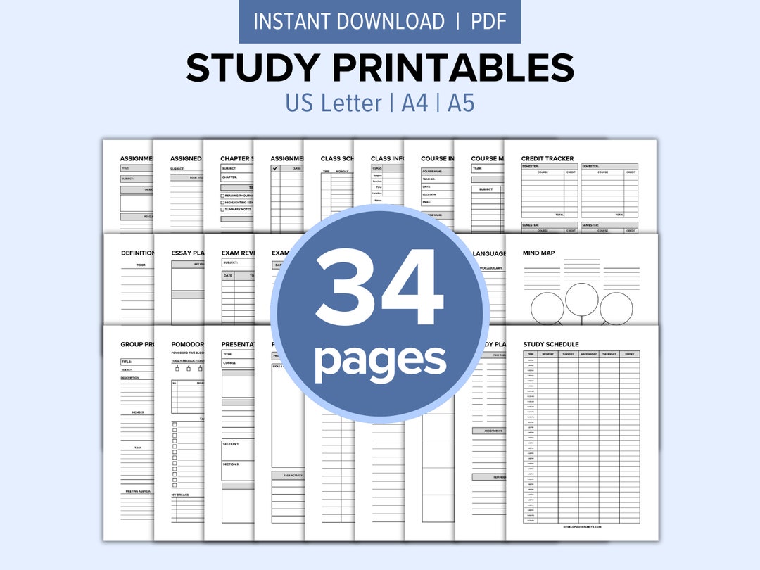 34 Student Study Planner Printable Templates and Worksheets Bundle ...