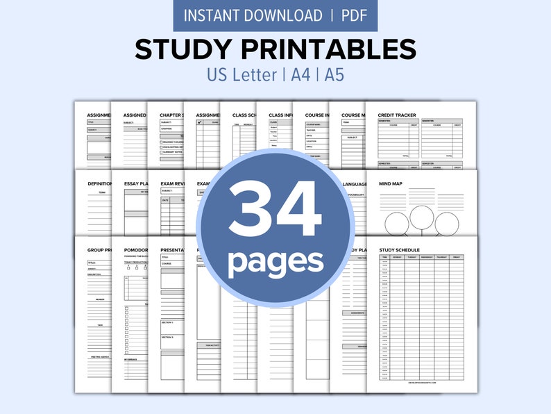 34 Student Study Planner Printable Templates and Worksheets Bundle ...