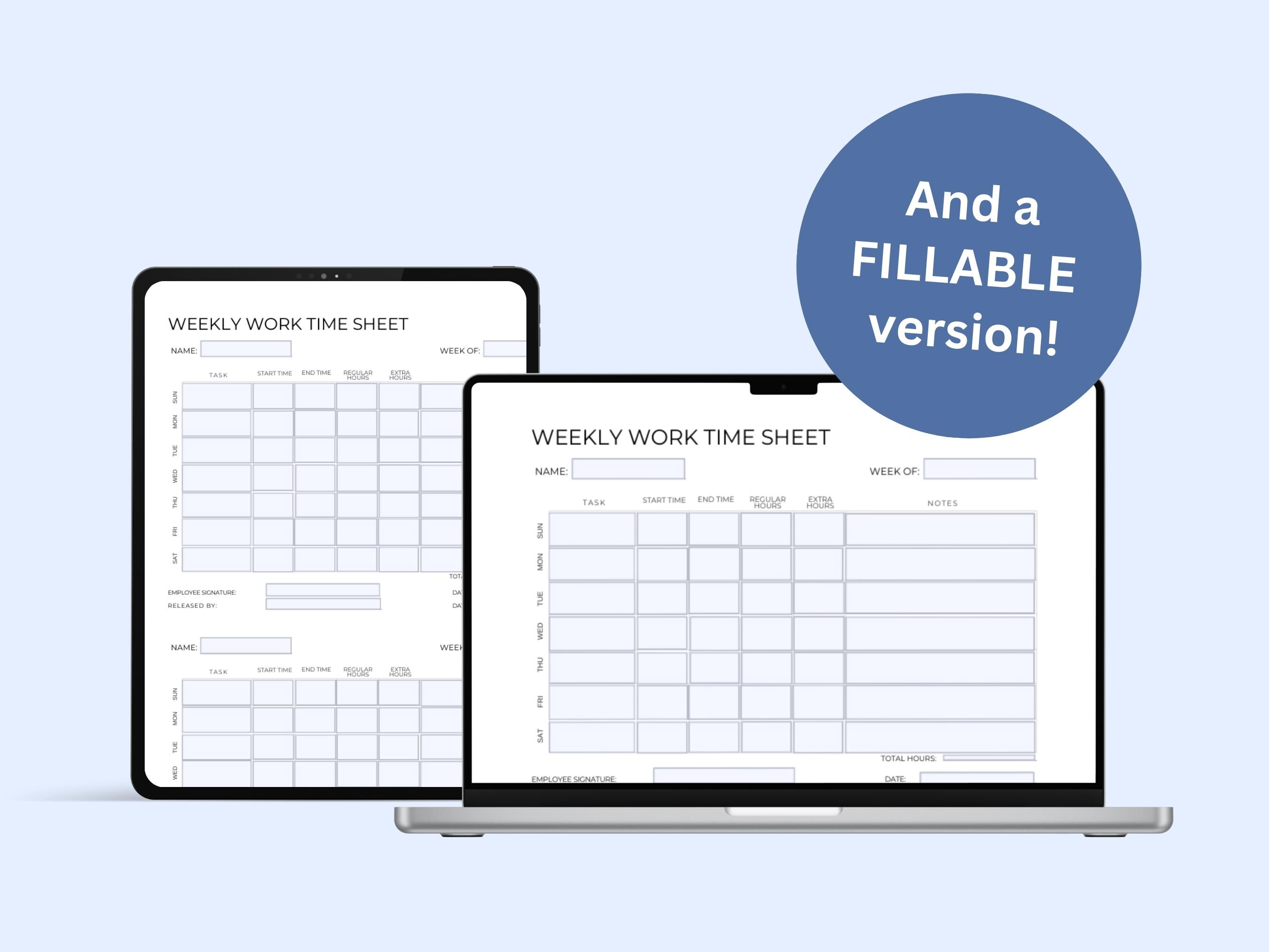 Weekly Work Time Sheet Printable | A5, US Letter, A4 | Fillable ...