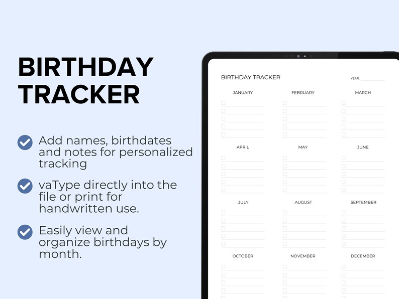 Birthday Tracker Printable Worksheet | A5, US Letter, A4 | Fillable ...