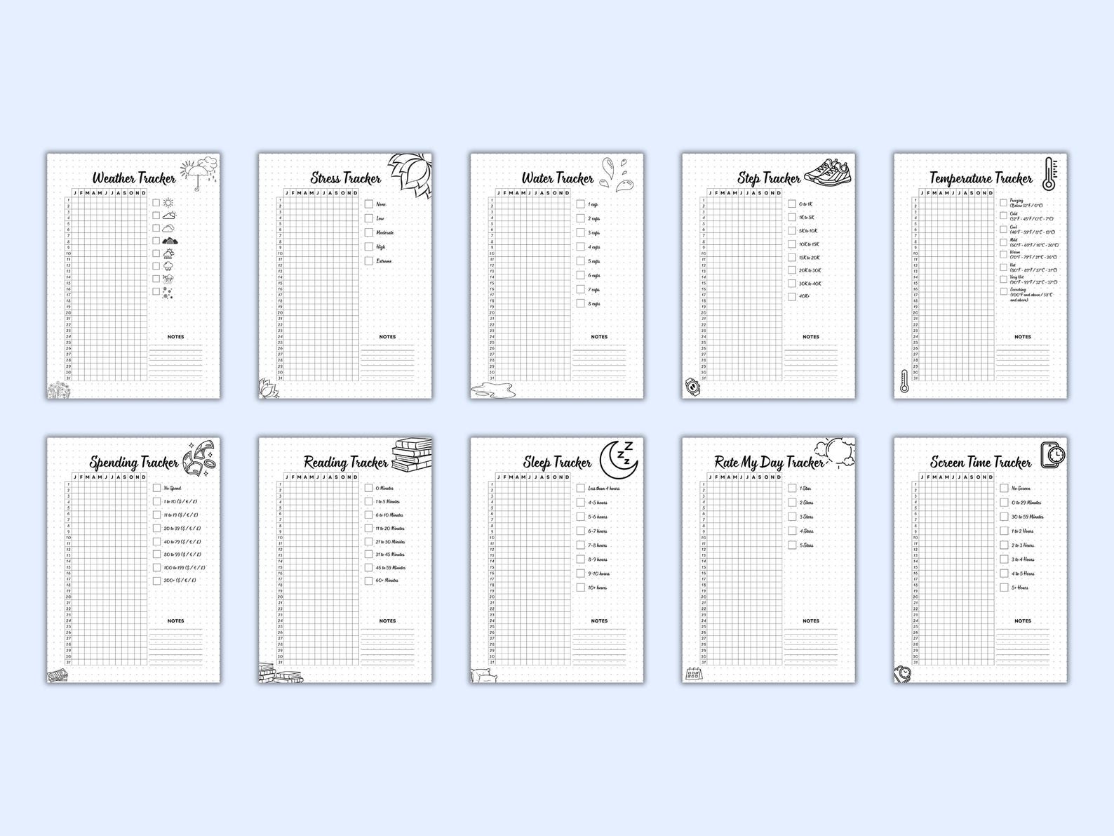 20 Yearly Tracker Journal Pages Printable Bundle | Year in Pixels ...