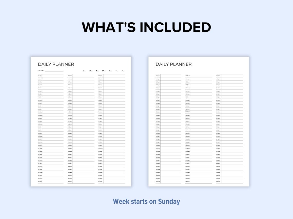 5 Minute Increment Daily Planner Printable | A5, US Letter, A4 ...