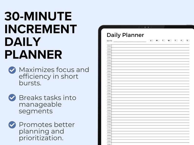 30 Minute Increment Daily Planner Printable | Time Blocking Daily ...