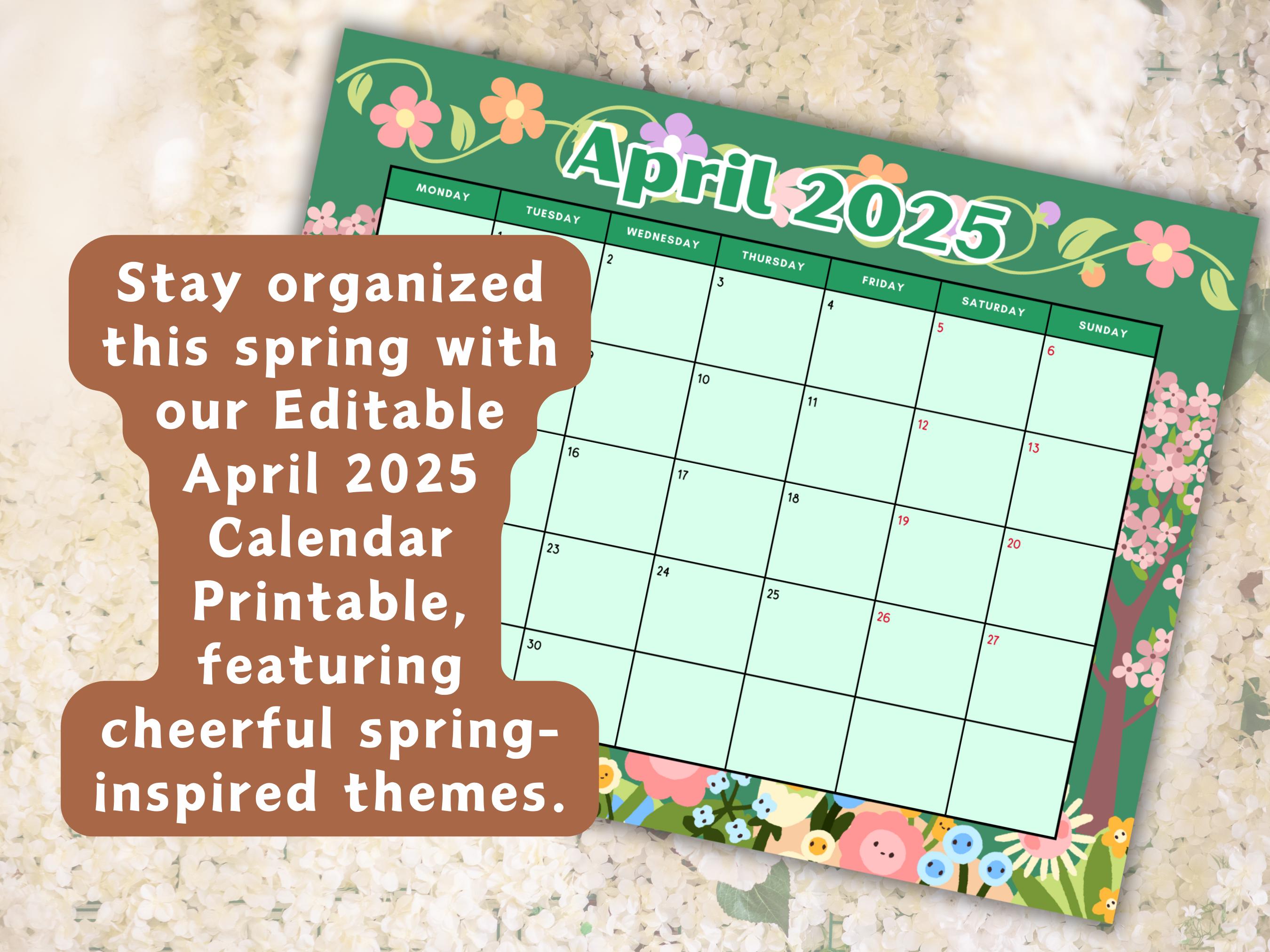 Editable April 2025 Calendar Printable | Spring Themes | Easter ...