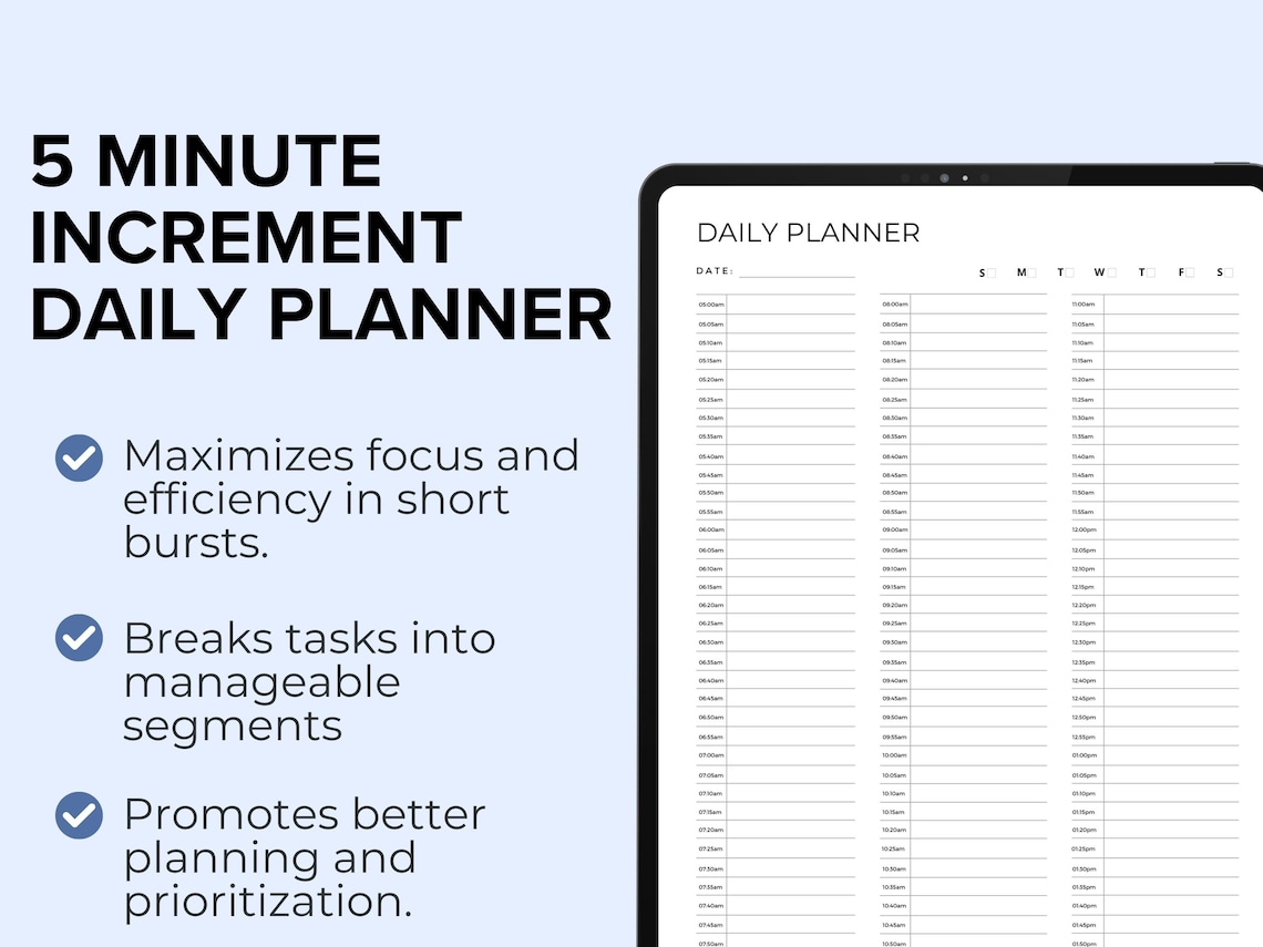 5 Minute Increment Daily Planner Printable | A5, US Letter, A4 ...