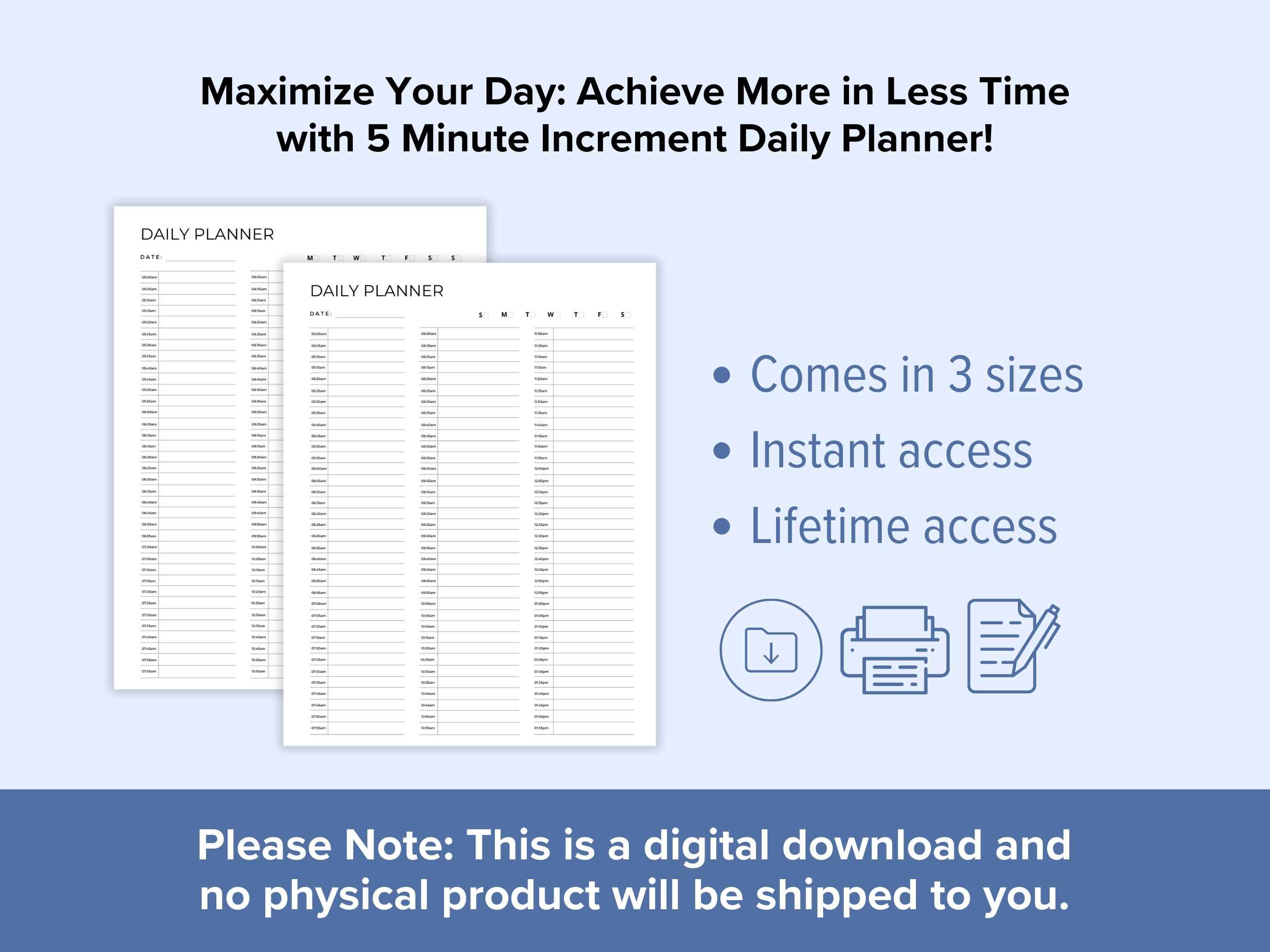 5 Minute Increment Daily Planner Printable | A5, US Letter, A4 ...