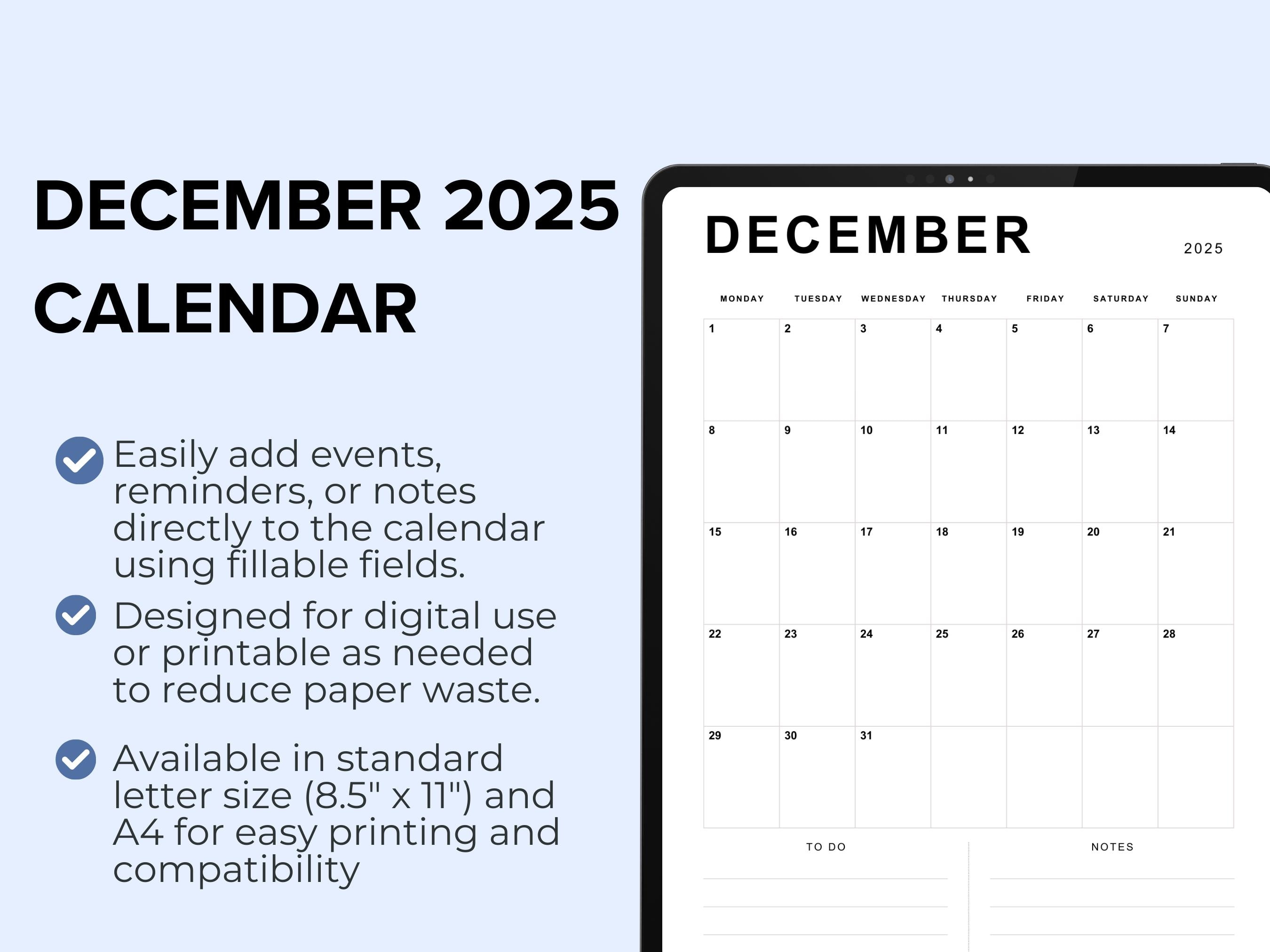 Editable December 2025 Calendar Minimalist Printable | US Letter, A4 ...
