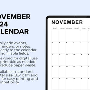Editable November 2024 Calendar Minimalist Printable | US Letter, A4 ...