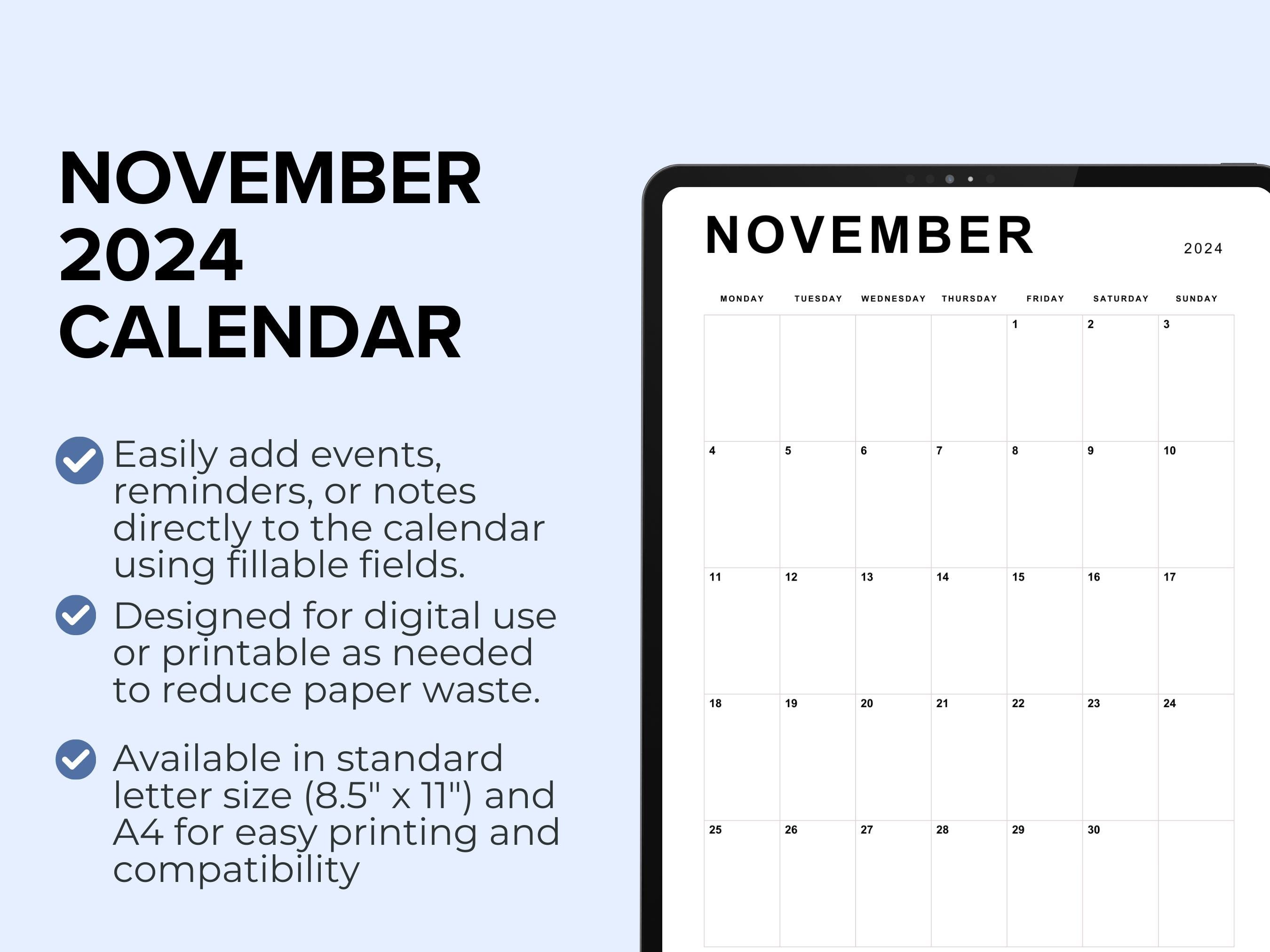 Editable November 2024 Calendar Minimalist Printable | US Letter, A4 ...