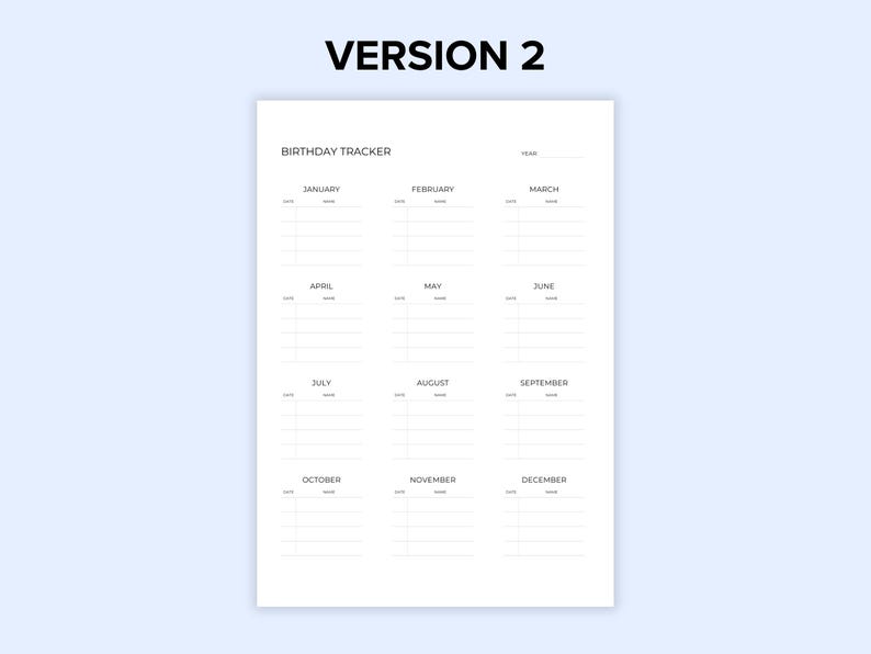 Birthday Tracker Printable Worksheet | A5, US Letter, A4 | Fillable ...