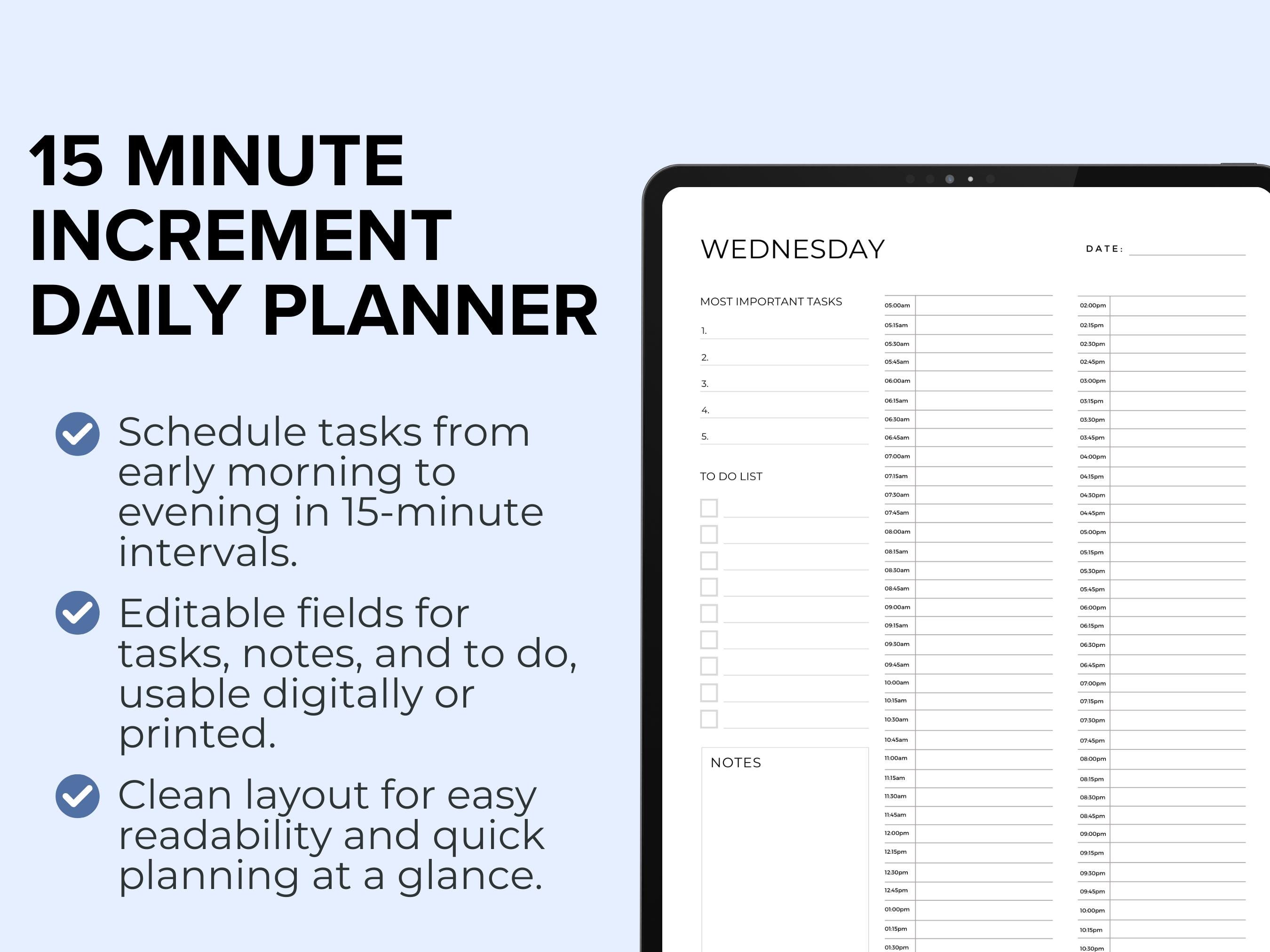 15 Minute Increment Daily Planner for Each Day Printable A5, US Letter ...