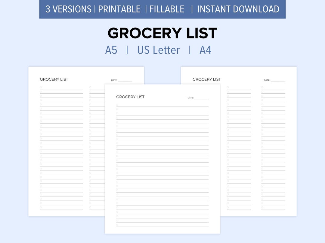 Grocery and Food Shopping List Printable | A5, US Letter, A4 | Fillable ...