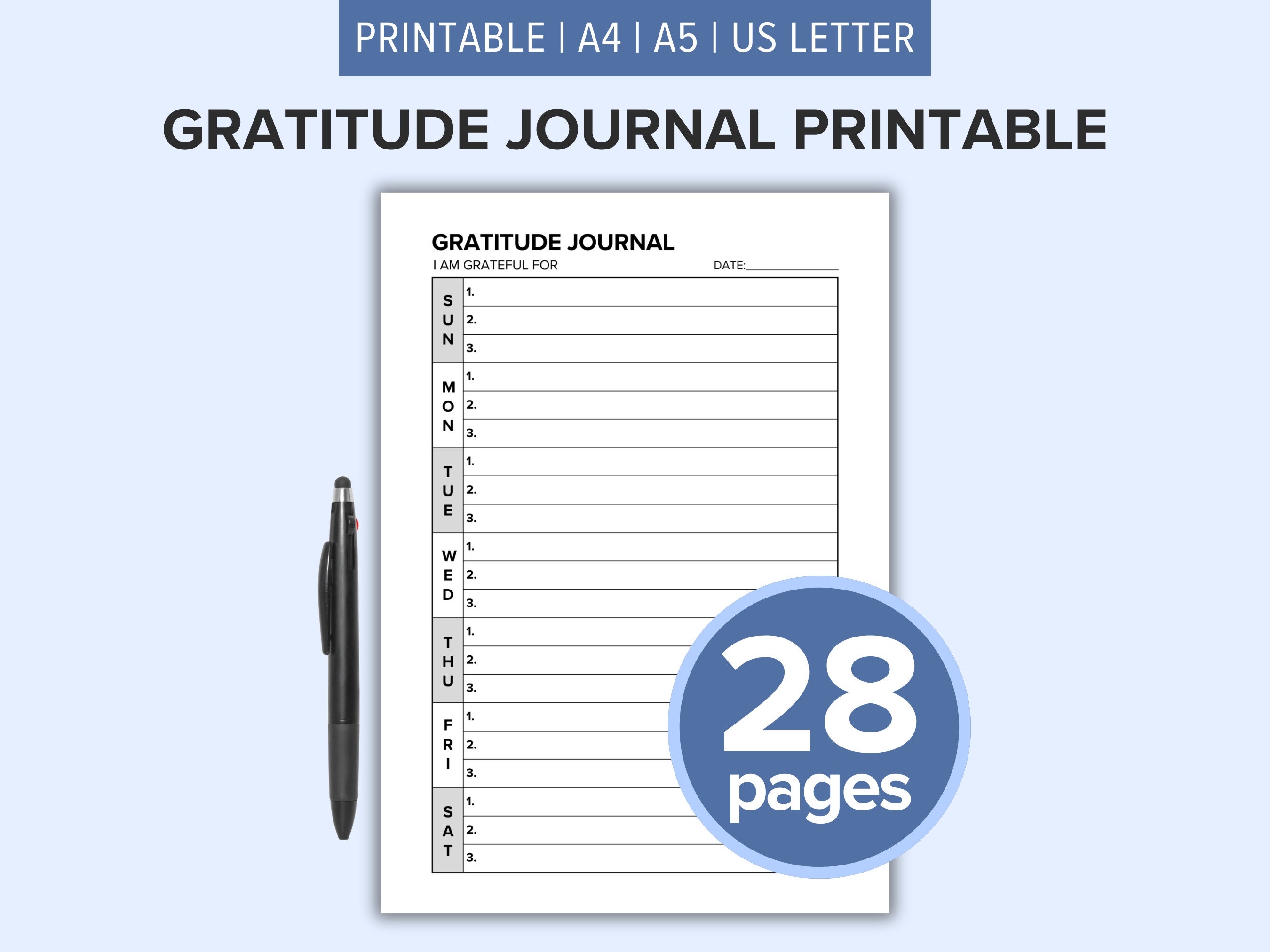 Daily Gratitude Journal Log Printable Worksheet | 30 Days of Gratitude ...