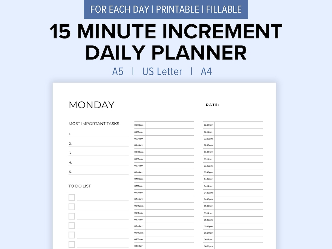 15 Minute Increment Daily Planner Printable | Time Blocking Daily ...