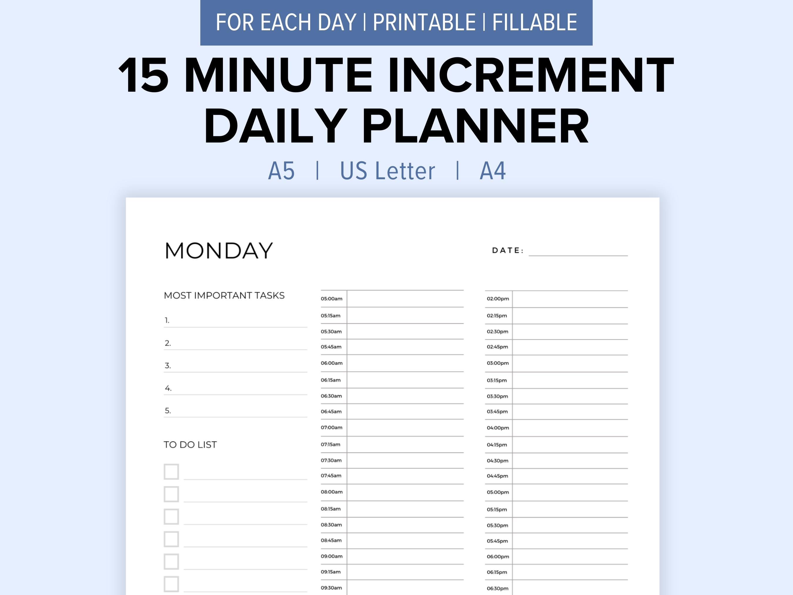 15 Minute Increment Daily Planner for Each Day Printable A5, US Letter ...