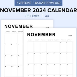 Editable November 2024 Calendar Minimalist Printable | US Letter, A4 ...