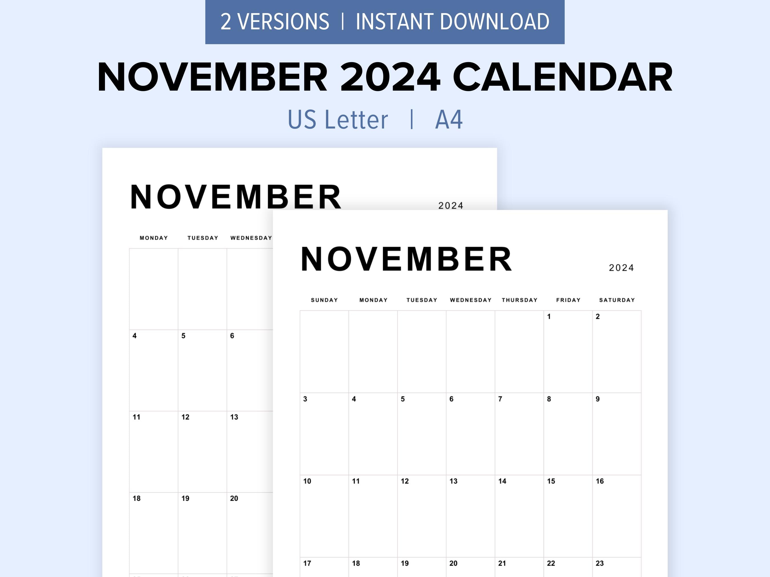 Editable November 2024 Calendar Minimalist Printable | US Letter, A4 ...