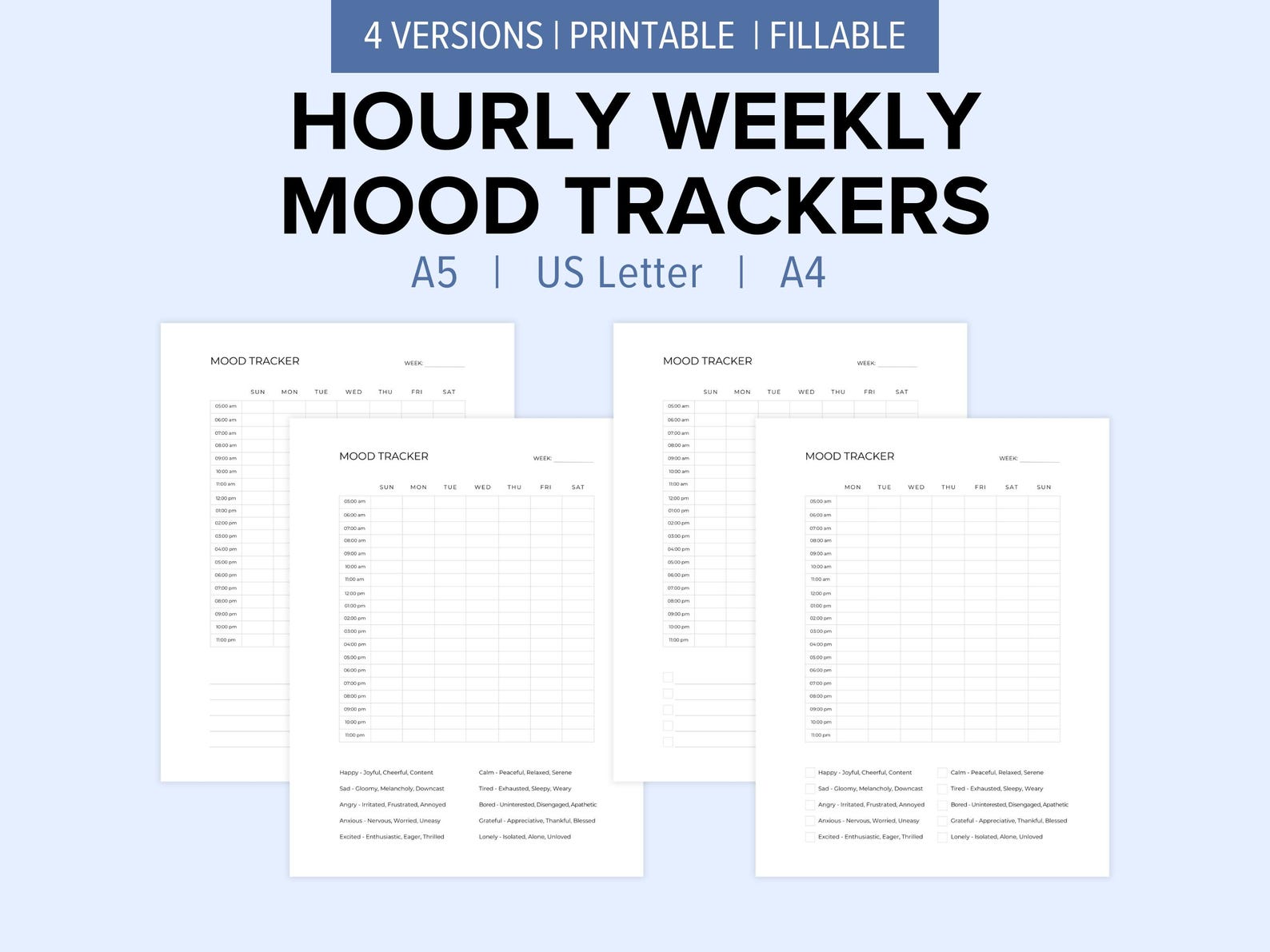 Hourly Mood Tracker Printable | Weekly Mood Tracker | A5, US Letter, A4 ...
