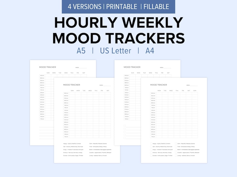 Hourly Mood Tracker Printable | Weekly Mood Tracker | A5, US Letter, A4 ...