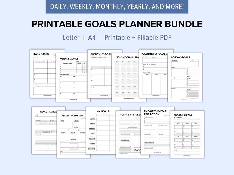 12 Goal Setting Planner Printable Worksheets Bundle: Daily, Weekly ...
