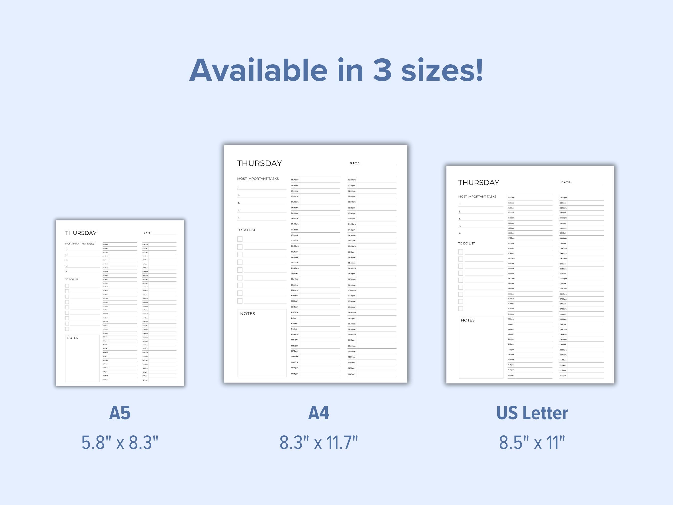 15 Minute Increment Daily Planner for Each Day Printable A5, US Letter ...