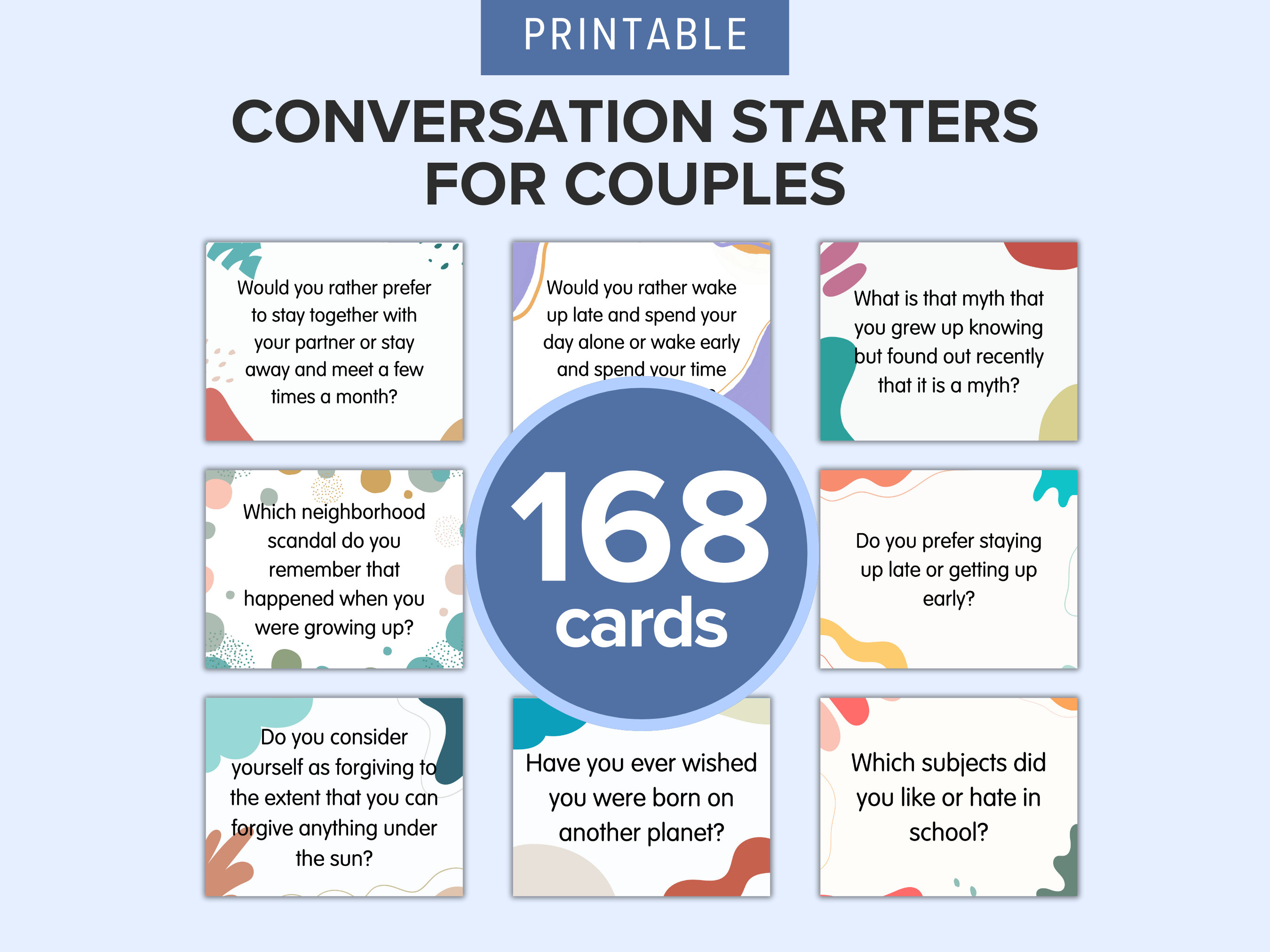 168 Conversation Starters for Couples Cards Printable | Date Night ...