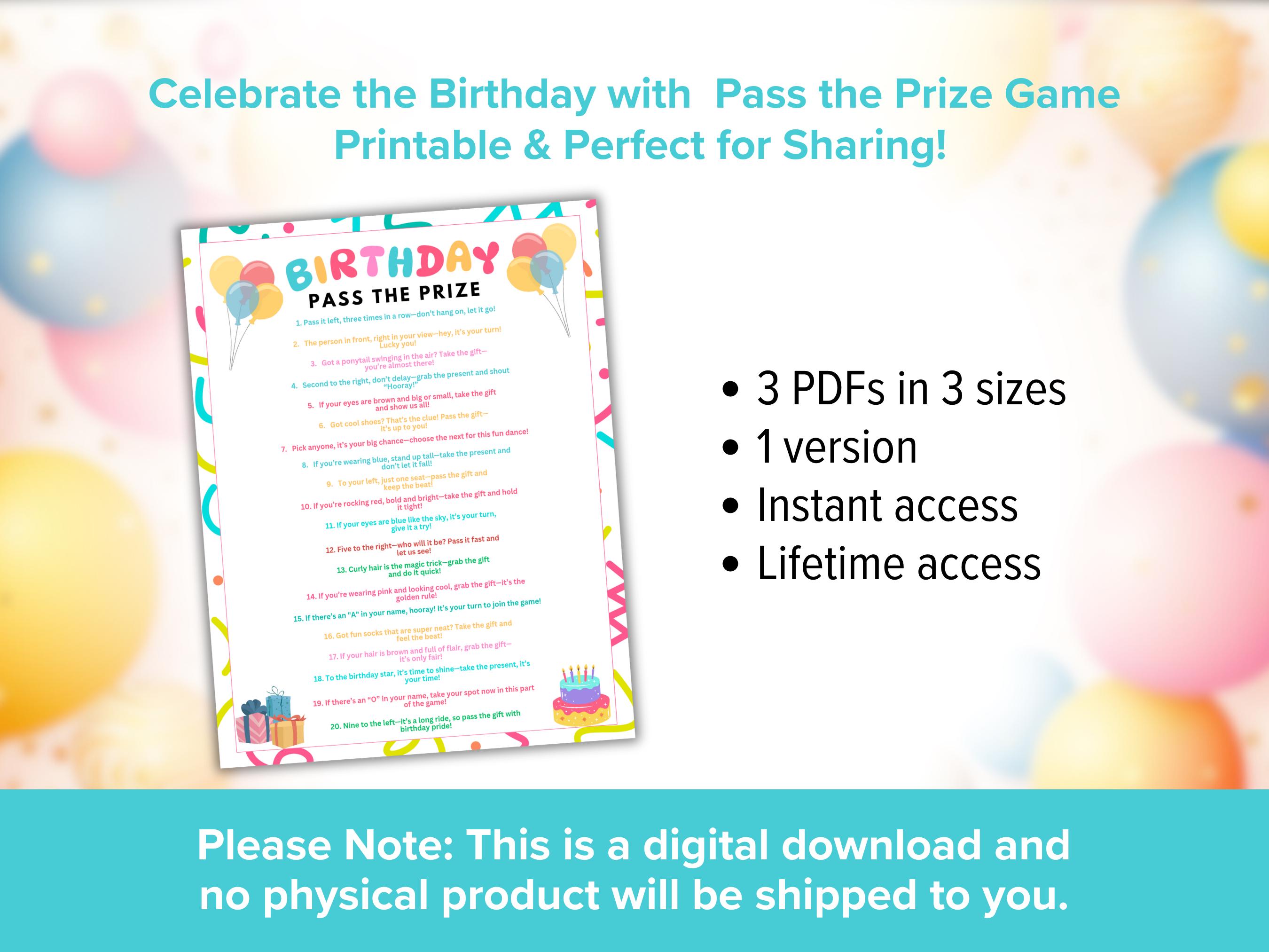 Birthday Pass the Prize Game Printable | Pass the Present Birthday Game ...