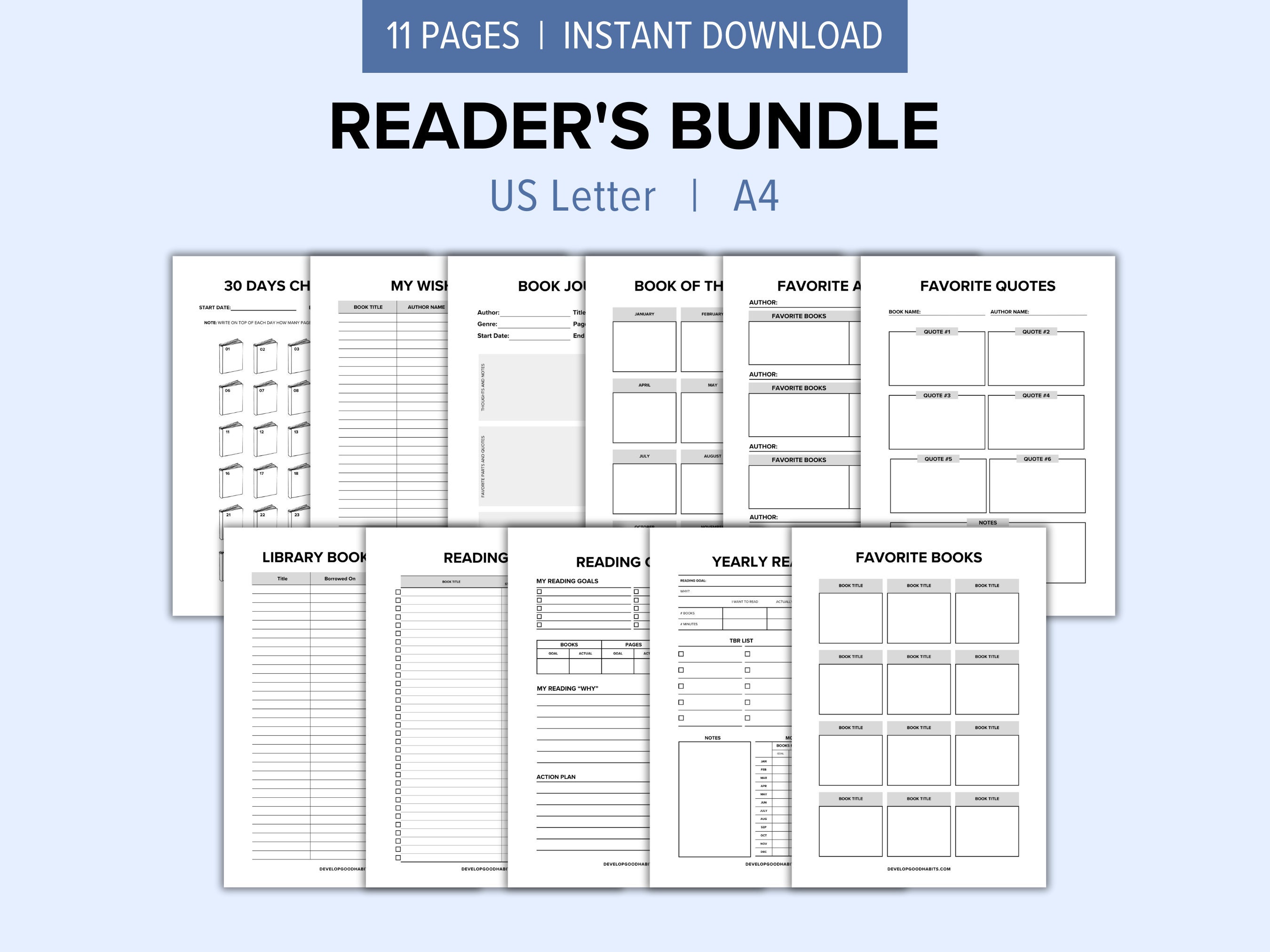 11 Reading Log Journal Printable Worksheets Bundle | Book Reading ...