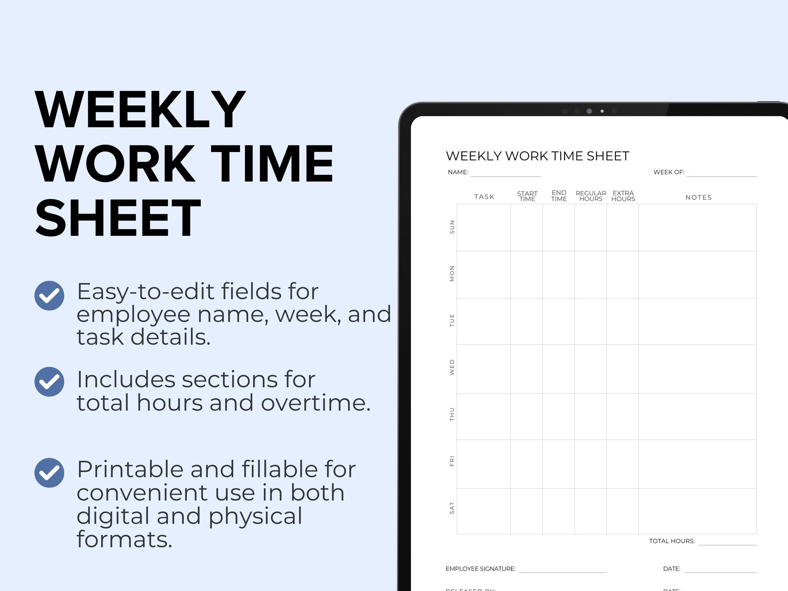 Weekly Work Time Sheet Printable | A5, US Letter, A4 | Fillable ...