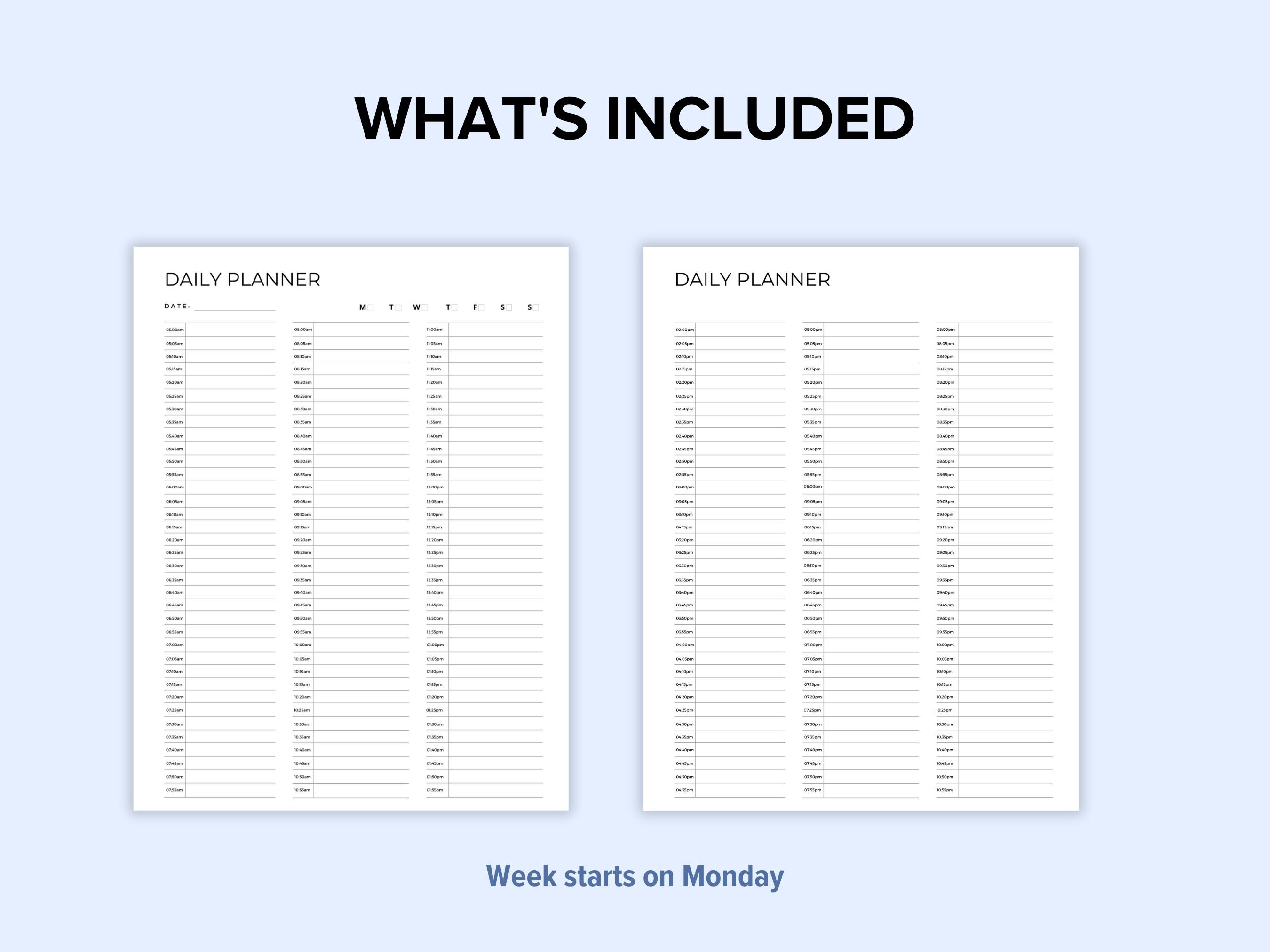 5 Minute Increment Daily Planner Printable | A5, US Letter, A4 ...
