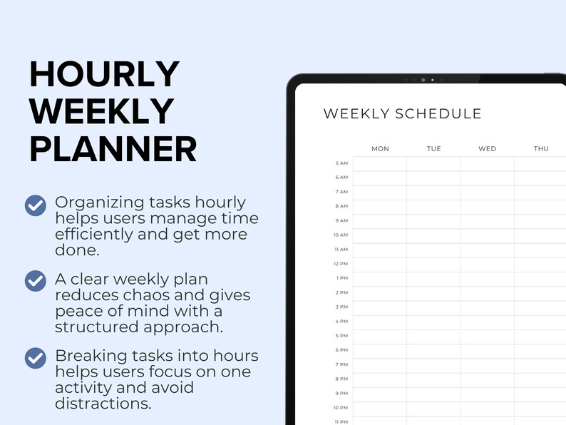 Weekly Planner Schedule With Hourly Blocks Printable | Week at a Glance ...