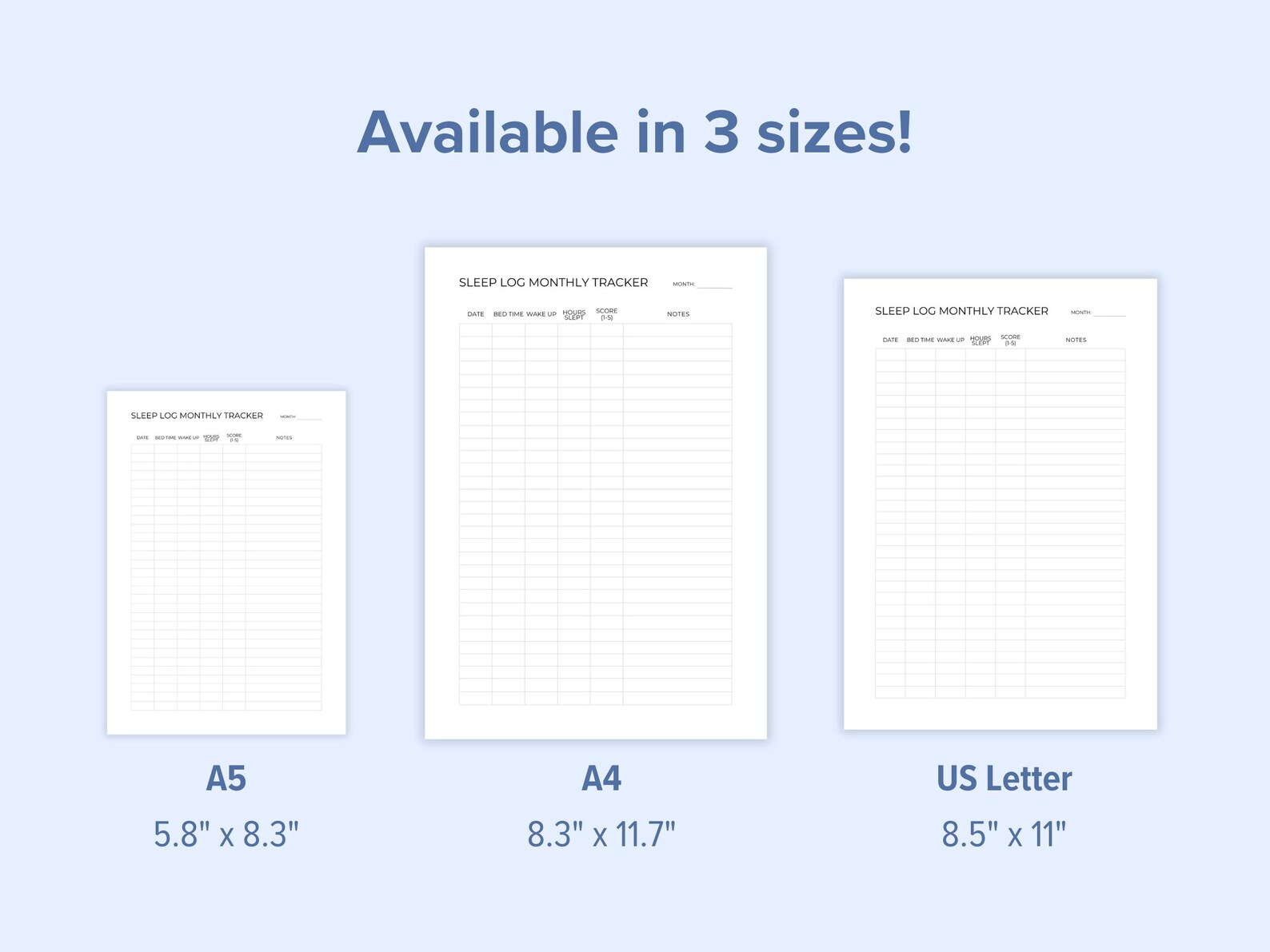 Sleep Log Monthly Tracker Printable | A5, US Letter, A4 | Fillable ...