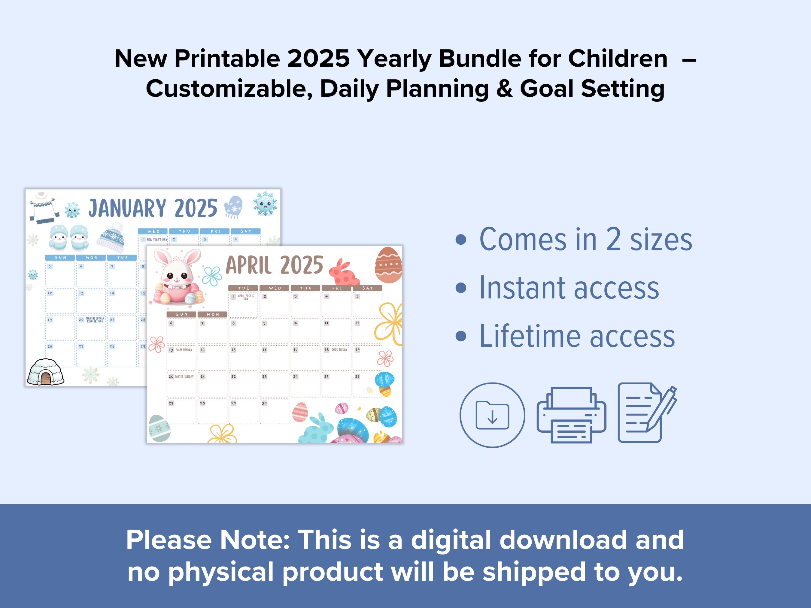Printable 2025 Yearly Calendar Bundle for Children | Homeschool Monthly ...