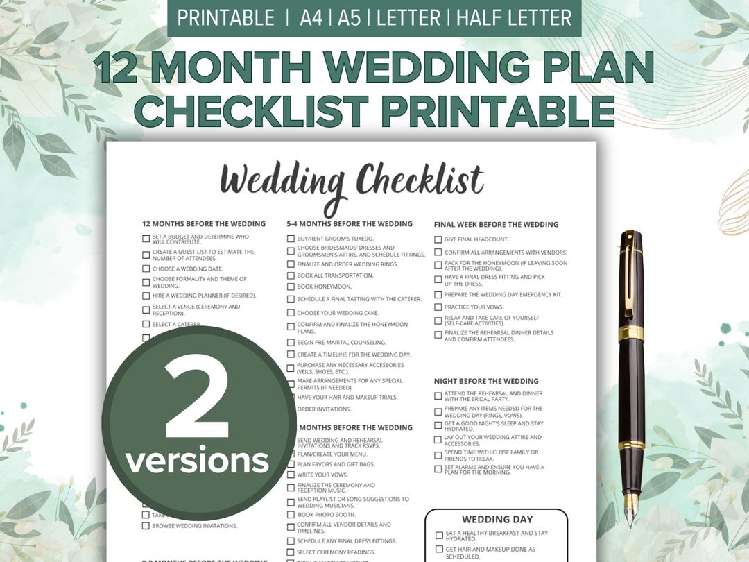 12 Month Wedding Plan Checklist Printable | Wedding Plan To-do List ...