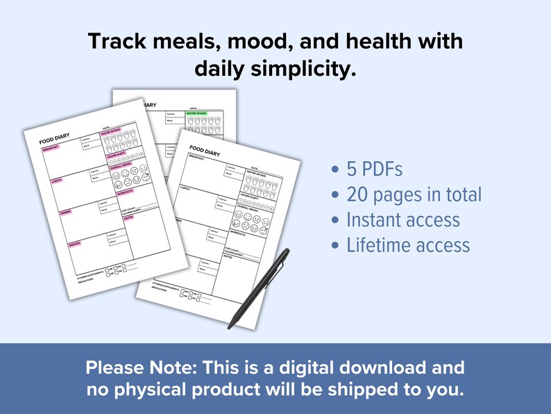 Daily Food Diary & Log Printable | Meal Tracker | Daily Calorie ...