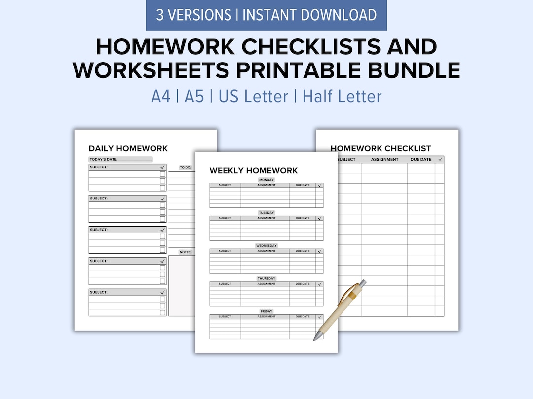 3 Homework Checklists and Worksheets Printable Bundle | Daily Homework ...