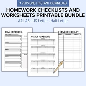 3 Homework Checklists and Worksheets Printable Bundle | Daily Homework ...