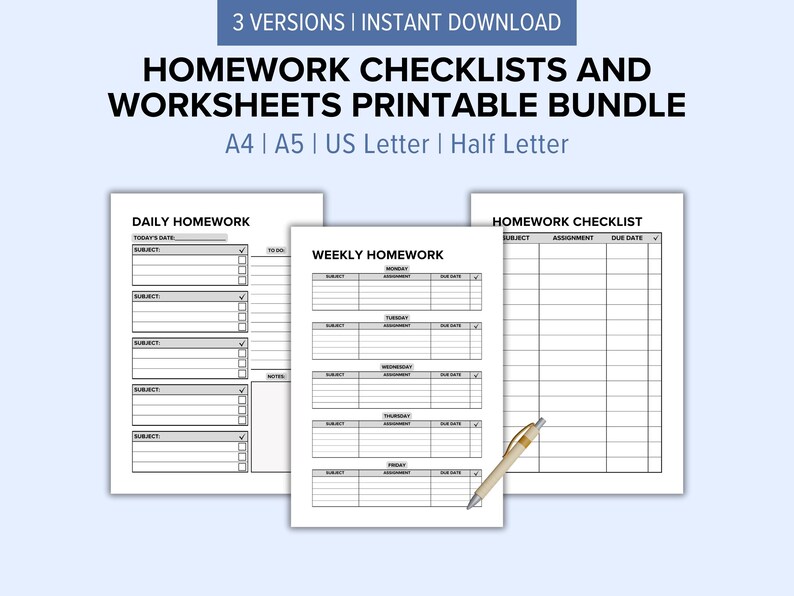 3 Homework Checklists and Worksheets Printable Bundle | Daily Homework ...