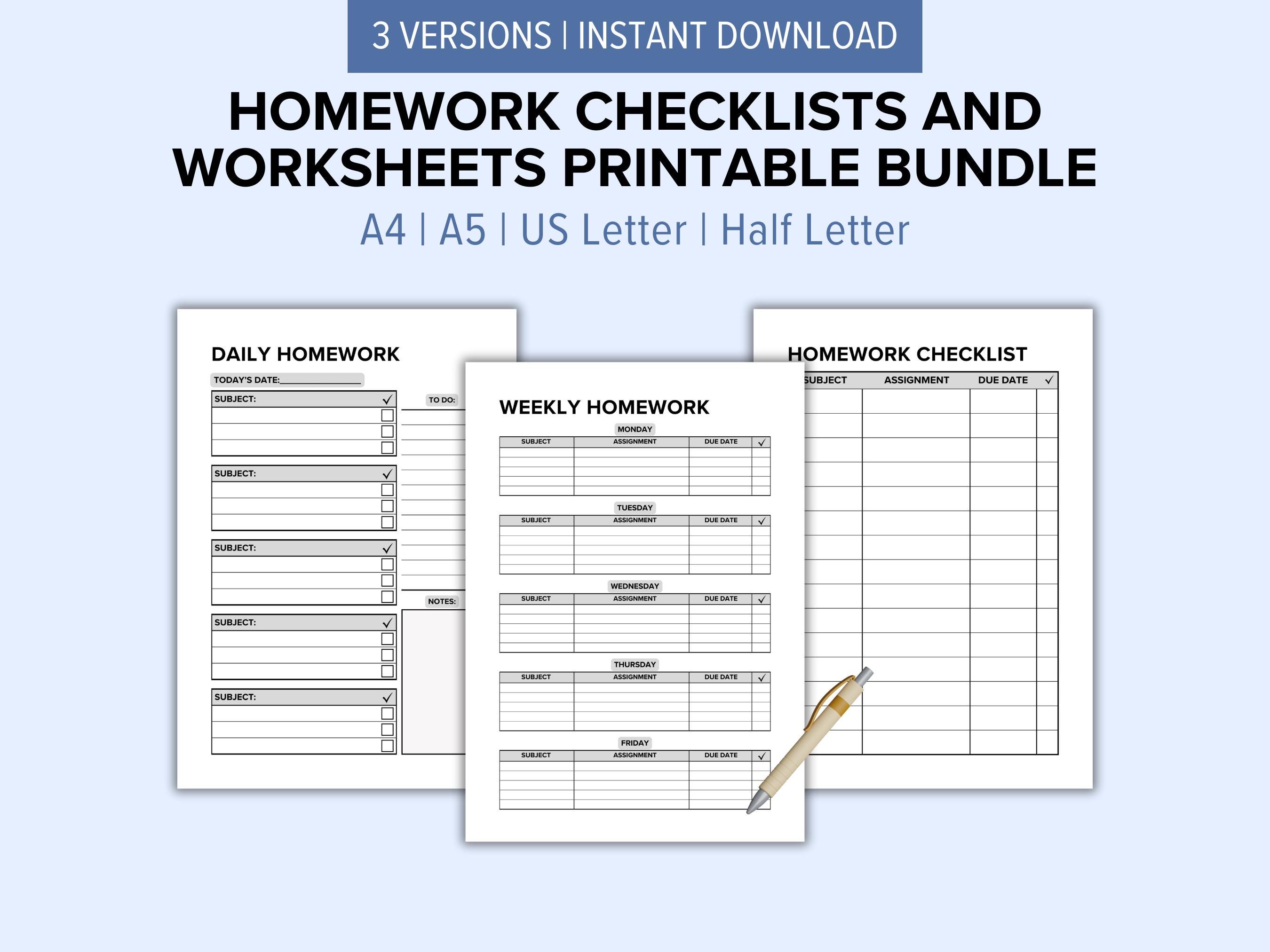 3 Homework Checklists and Worksheets Printable Bundle | Daily Homework ...