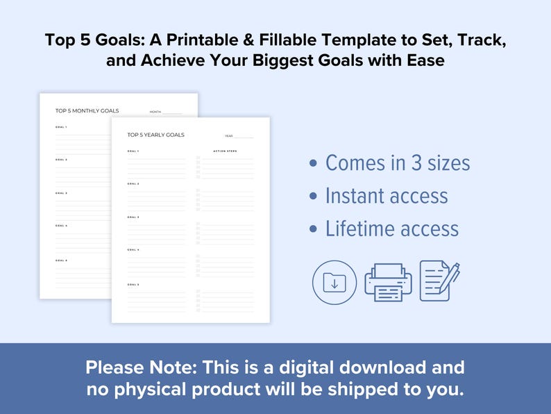 Top 5 Goals Printable Planner Bundle | 2025 Yearly, Monthly, Weekly ...
