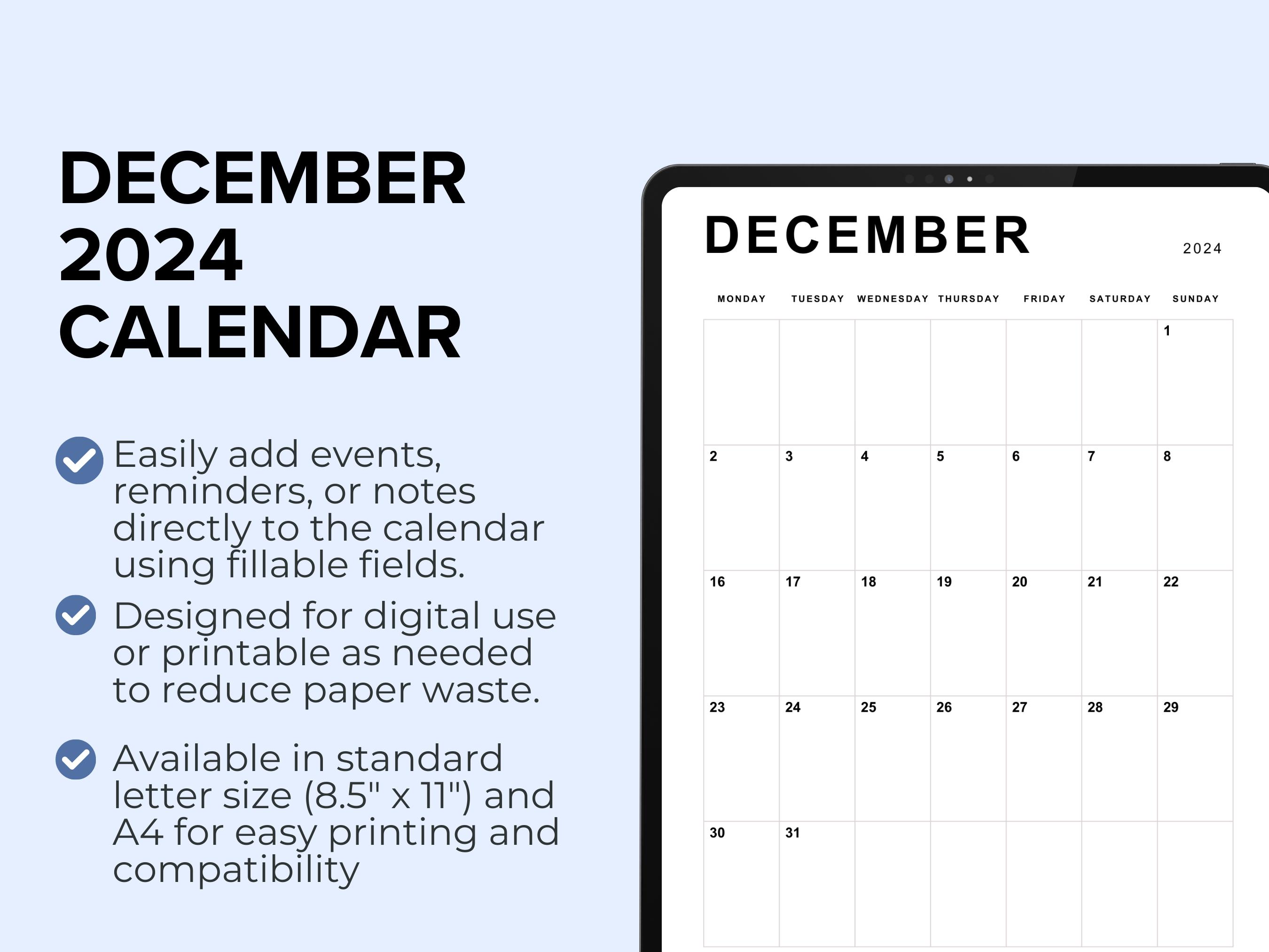 Editable December 2024 Calendar Minimalist Printable | Simple ...