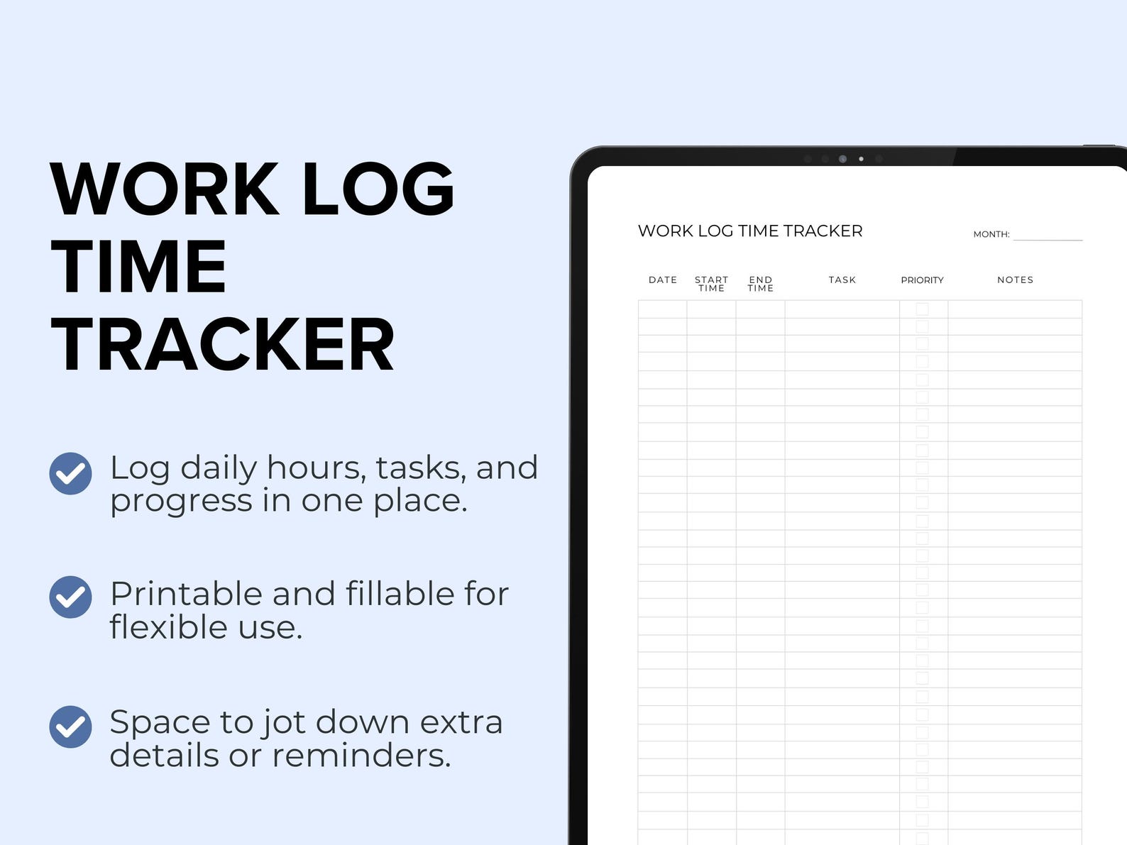 Work Log Time Tracker Printable | A5, US Letter, A4 | Fillable ...