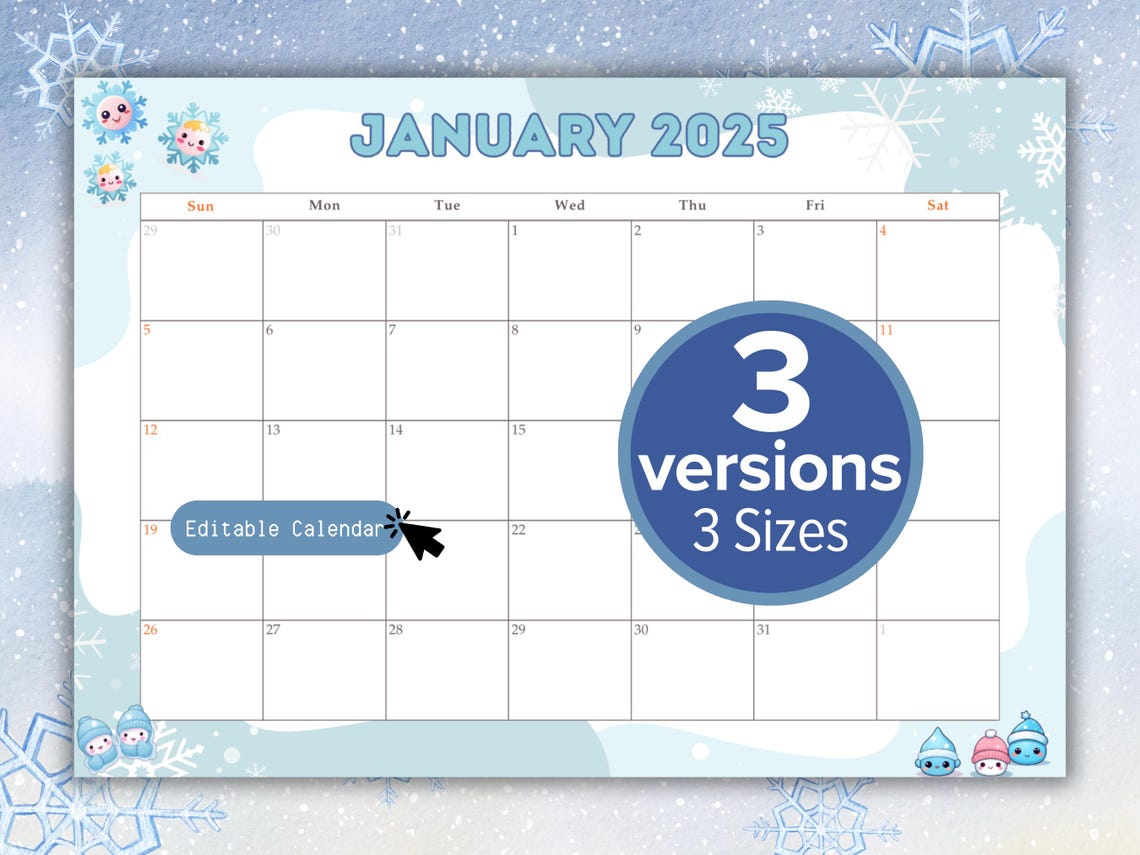 Editable Cute January 2025 New Year Calendar Printable | Winter Theme ...